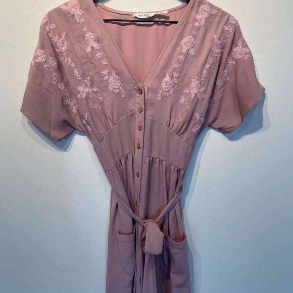 Dresses | Pink Cinch Waist Floral Embroidered Dress Pockets | Poshmark